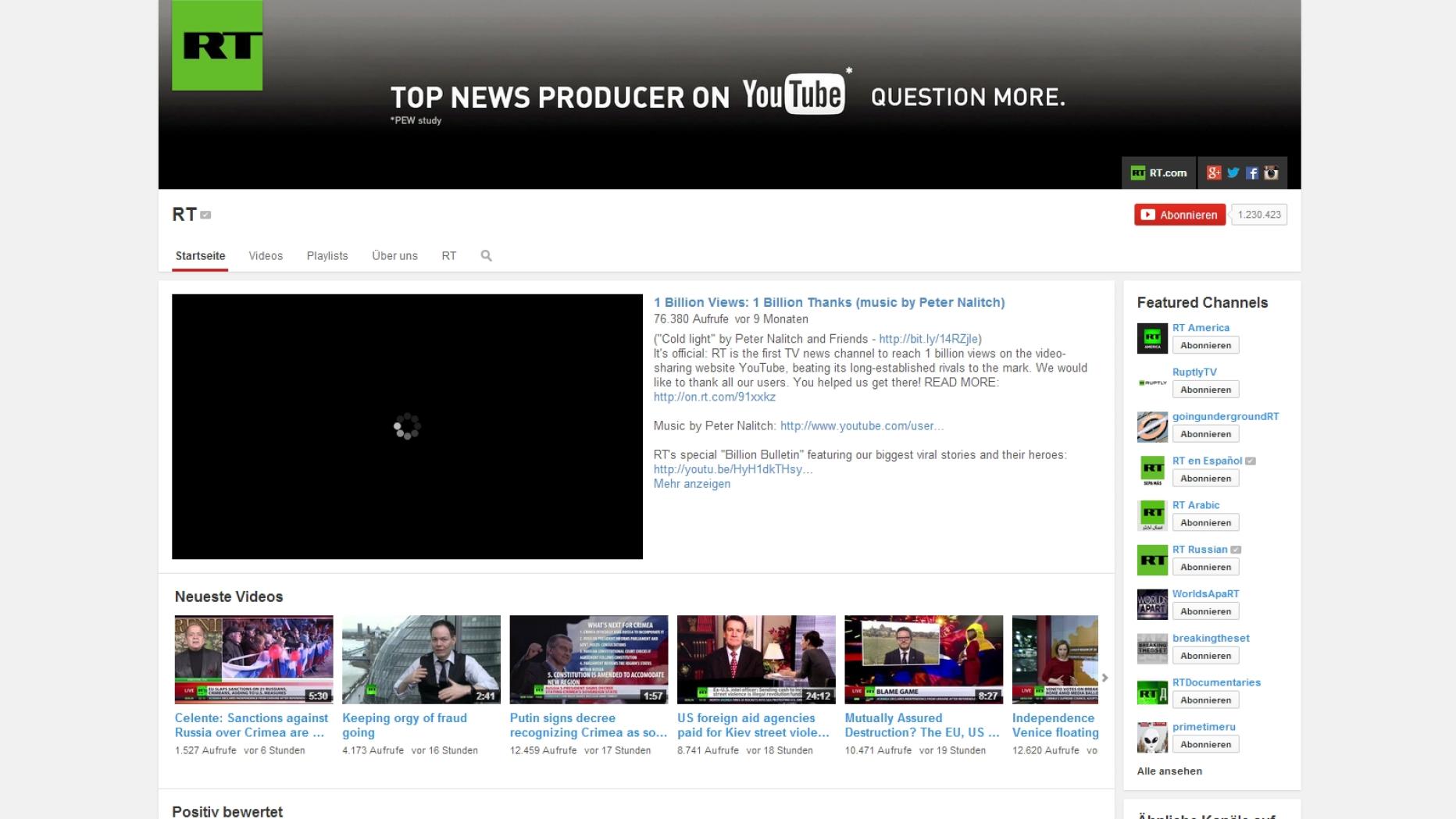 YouTube sperrt Kanal von Russia Today kurzfristig
